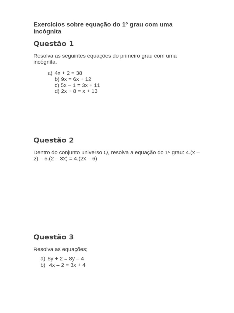 Exercícios Sobre Equação Do 1º Grau Com Uma Incógnita | PDF