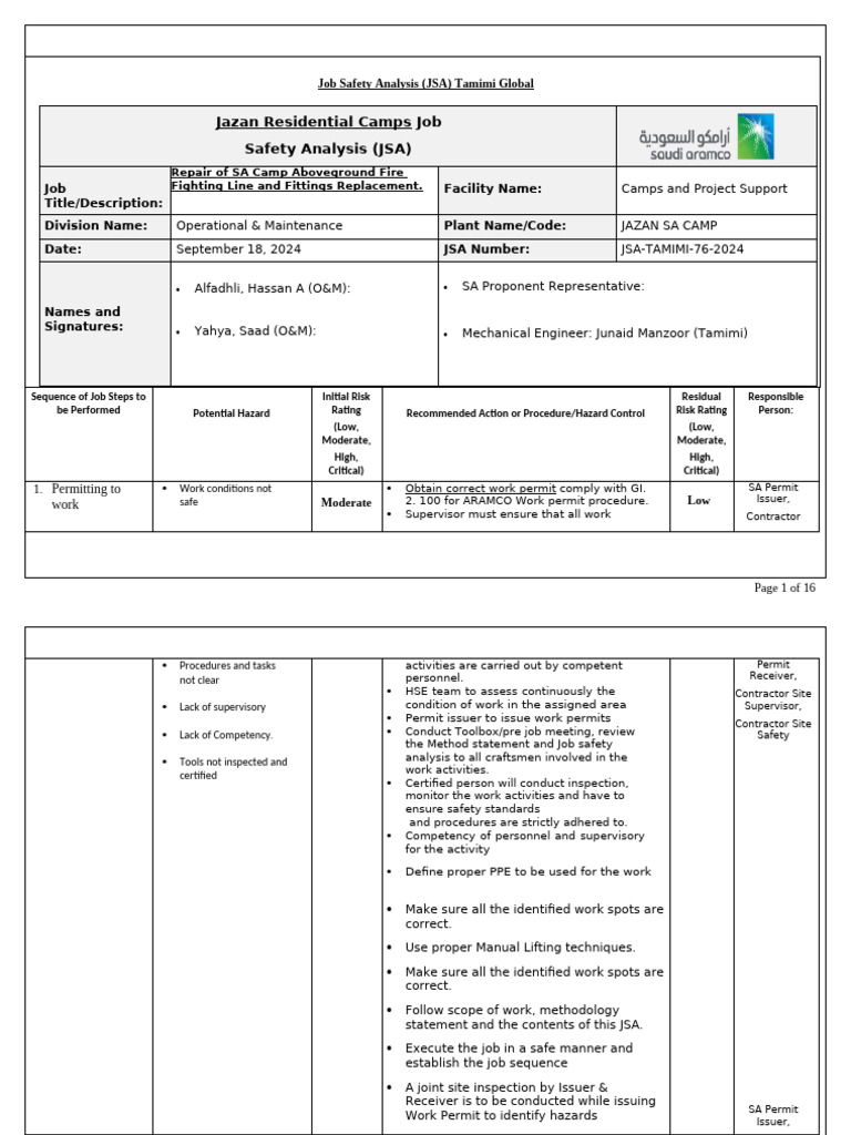 76-JSA For Repair of Jockey Pump #1 Discharge Line Fittings and Jockey Pump #2 4-Inch Discharge ...