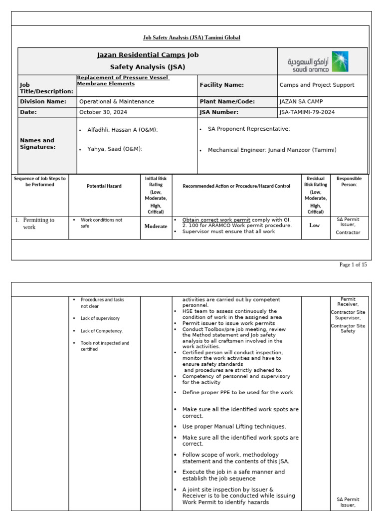 79-JSA for Replacement of Pressure Vessel Membrane Elements | PDF ...