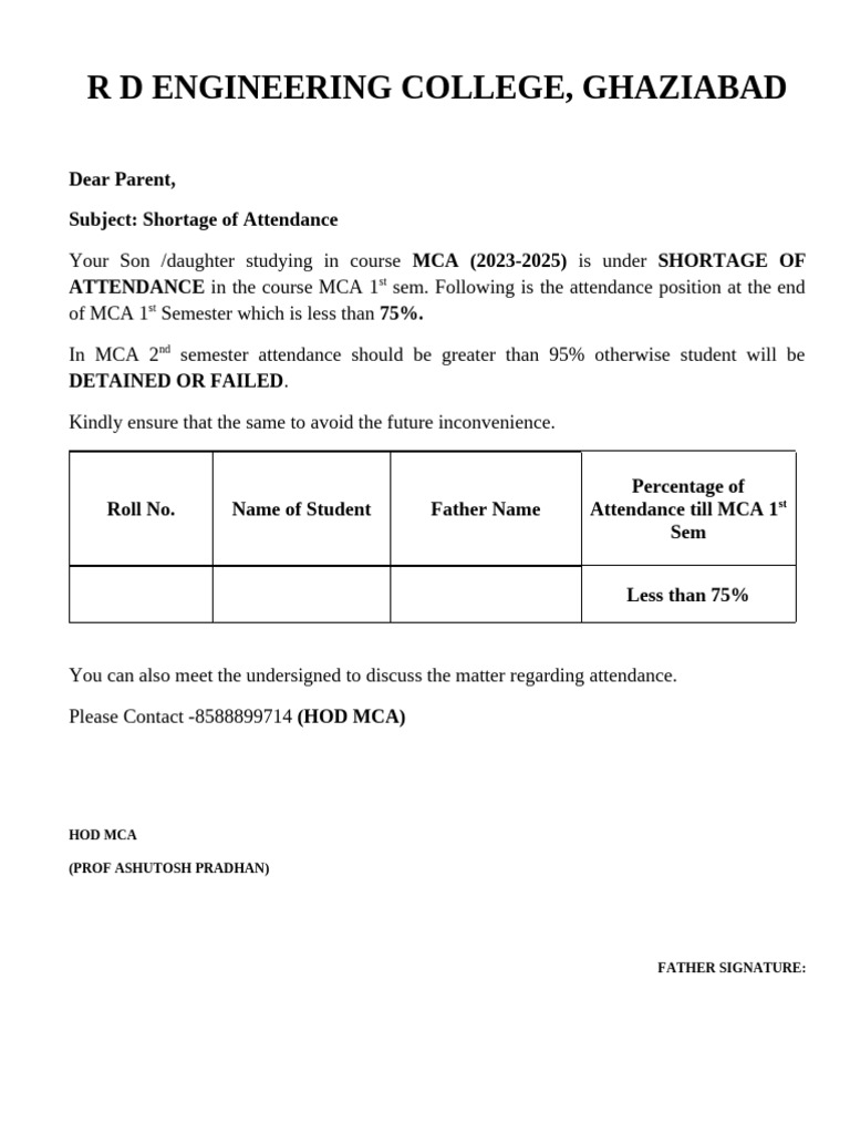 Attendance Shortage LETTER | PDF