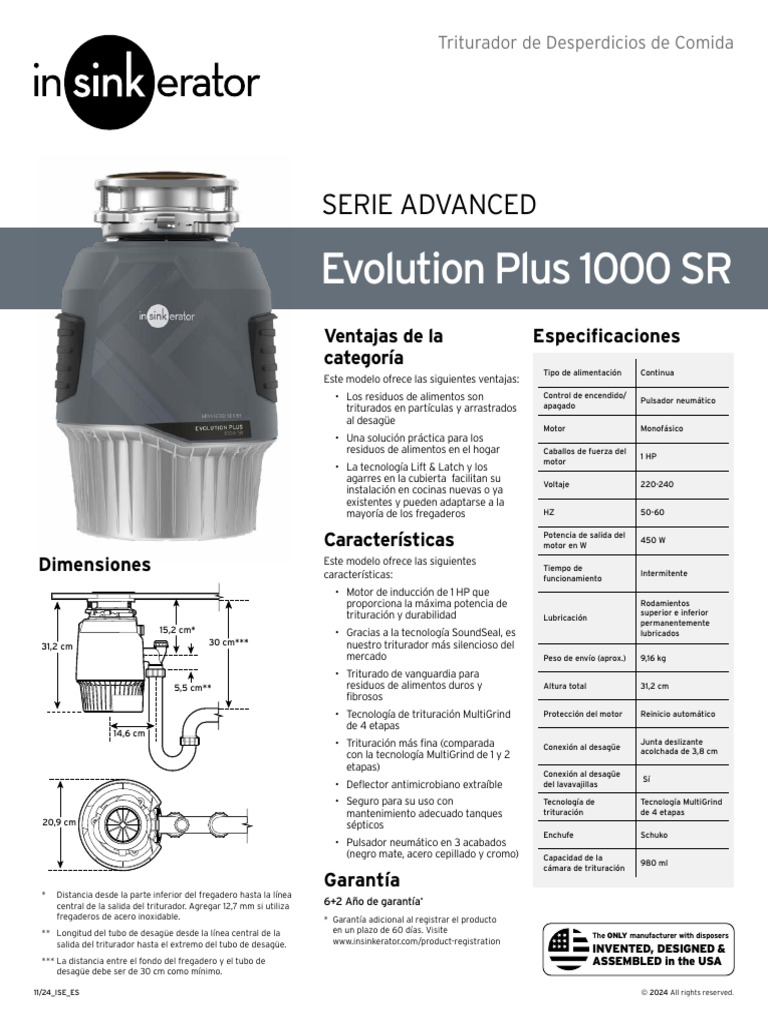 Triturador Insinkerator Evolution Plus 1000 SR | PDF