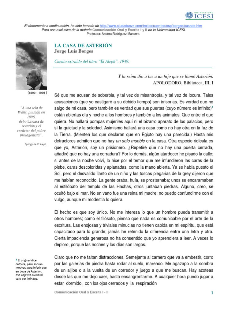 La Casa de Asterion Borges - 250313 - 125205 | PDF | Minotauro | Teseo