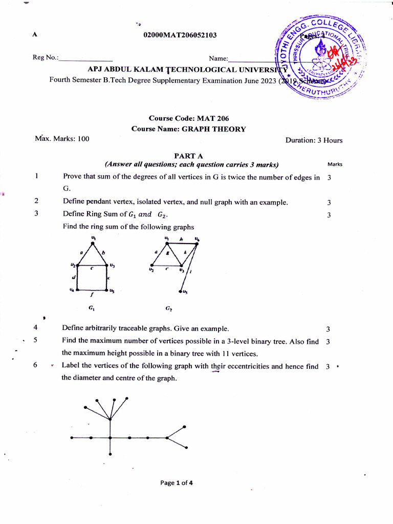 Mat206 Graph Theory, June 2023 Different | PDF | Vertex (Graph Theory) | Theoretical Computer ...
