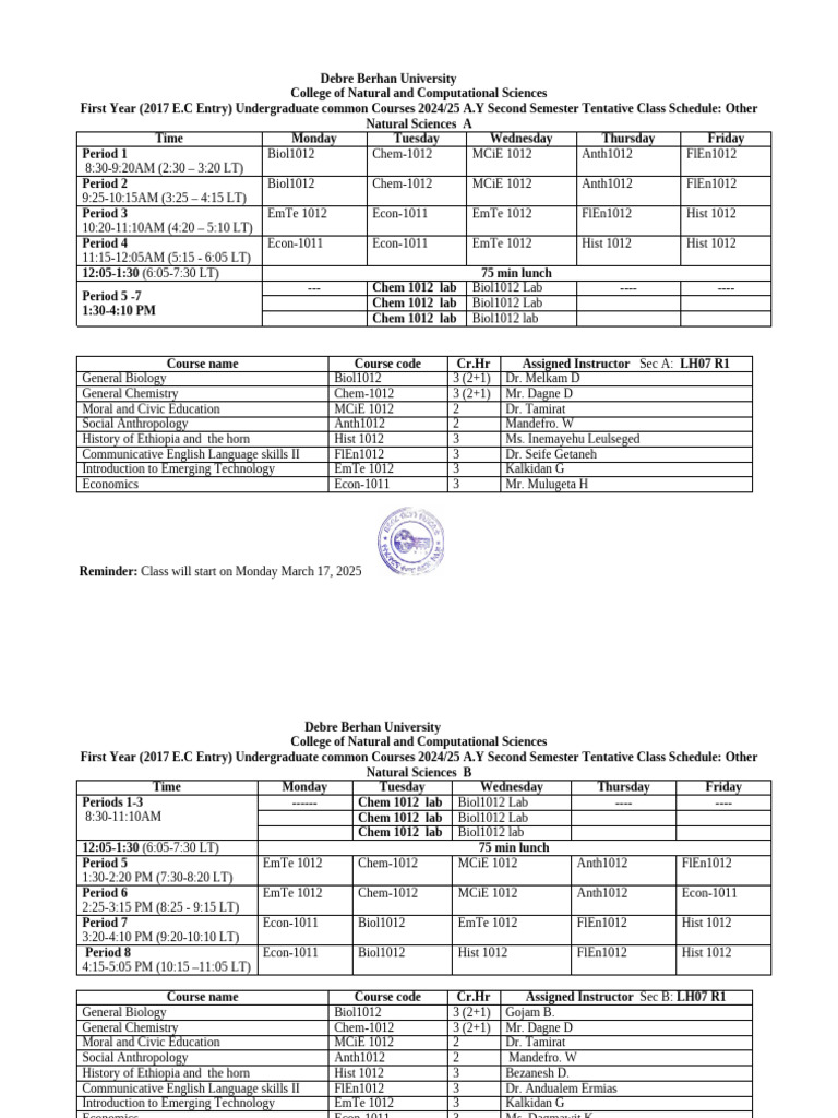 Second Semester Freshman Course Schedule | PDF | Science