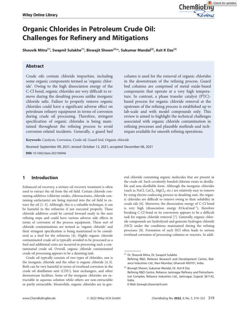 Organic Chlorides in Petroleum Crude Oil Challenges For Refinery and ...