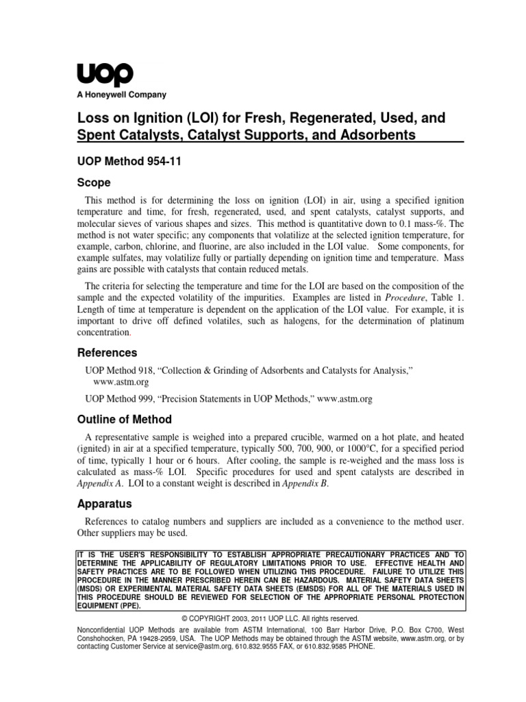 UOP 954-11 Loss On Ignition (LOI) For Fresh, Regenerated, Used, and ...