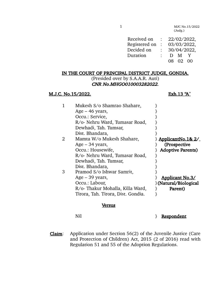Adoption Order for Child Rudra Samrit | PDF | Adoption | Parent