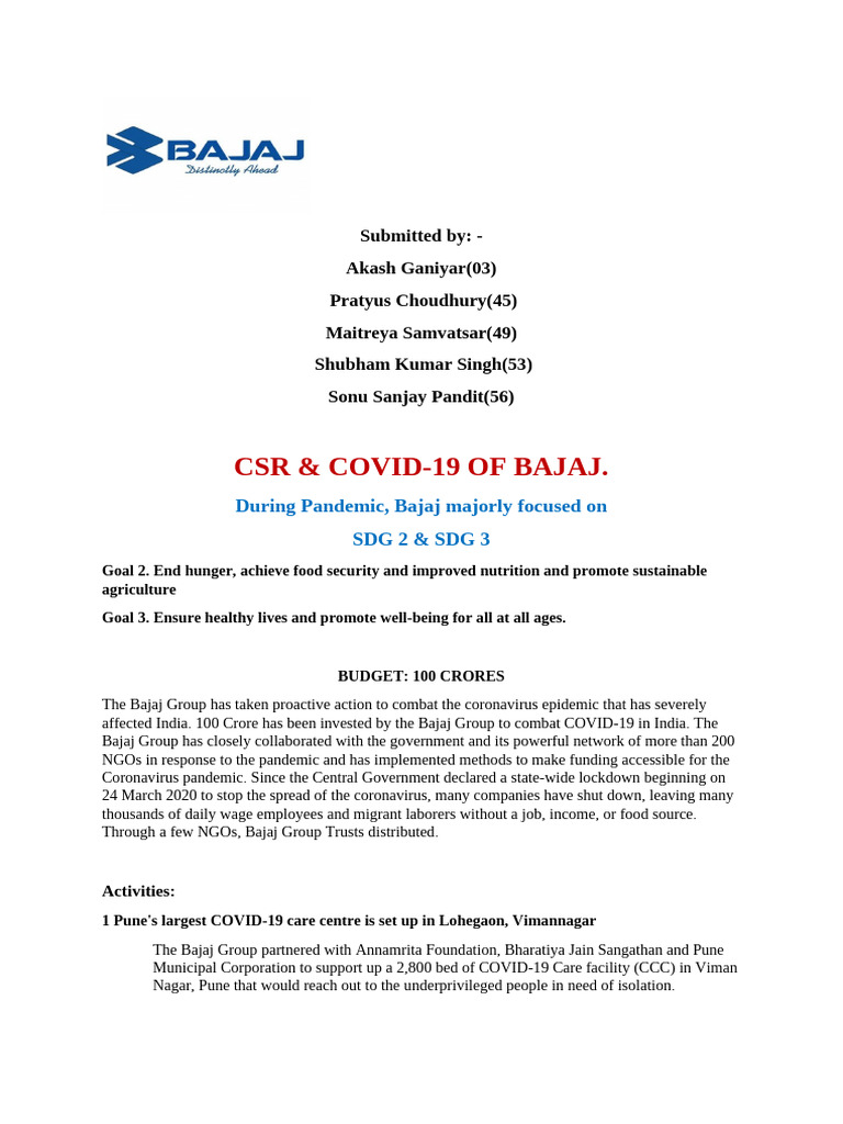 Bajaj CSR Initiatives During COVID-19 | PDF
