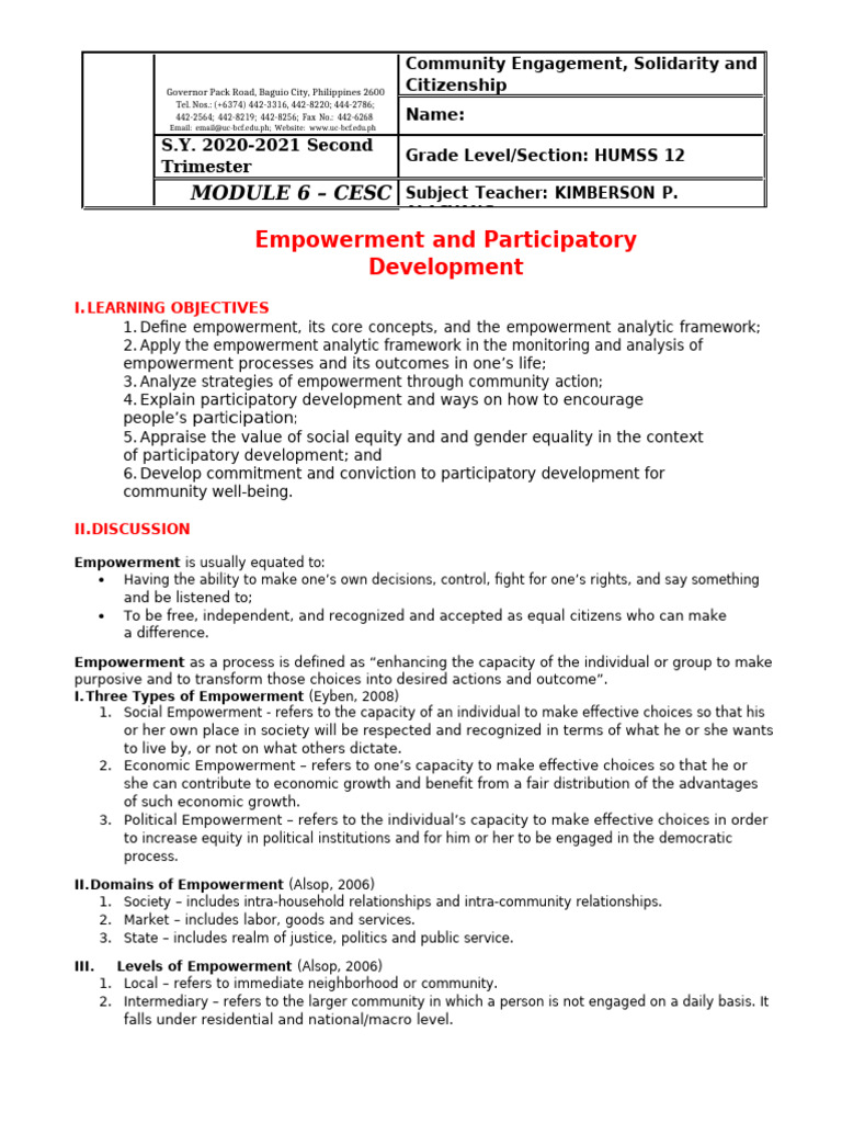 Module 7 Cesc Empowerment and Participation | PDF | Empowerment | Social Psychology