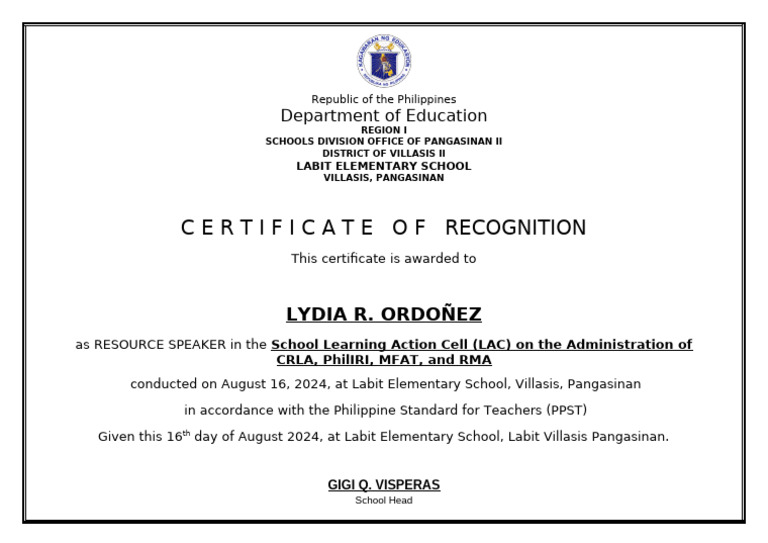 LAC Certificate for Lydia R. Ordoñez | PDF