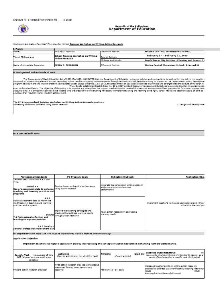 Wap Template For Action Research Revised | PDF | Teachers | Learning