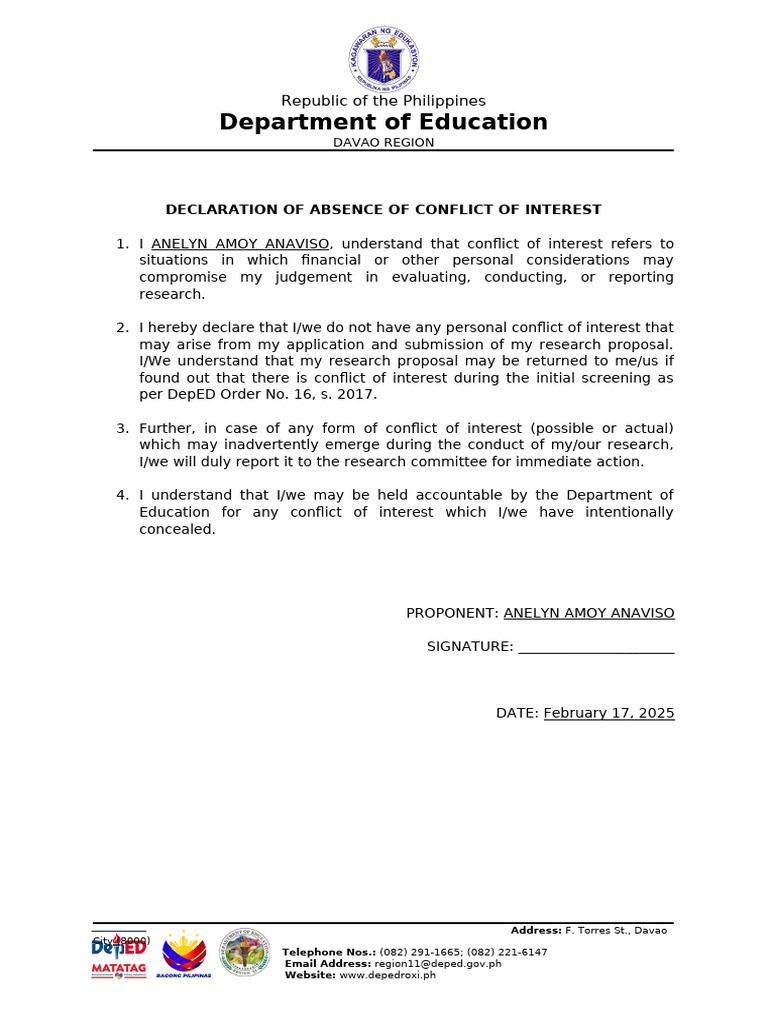 Annex 3 Declaration of Absence of Conflict of Interest | PDF