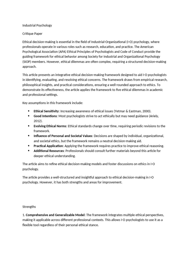 Industrial Psychology Critique Paper | PDF | Psychology | Industrial ...