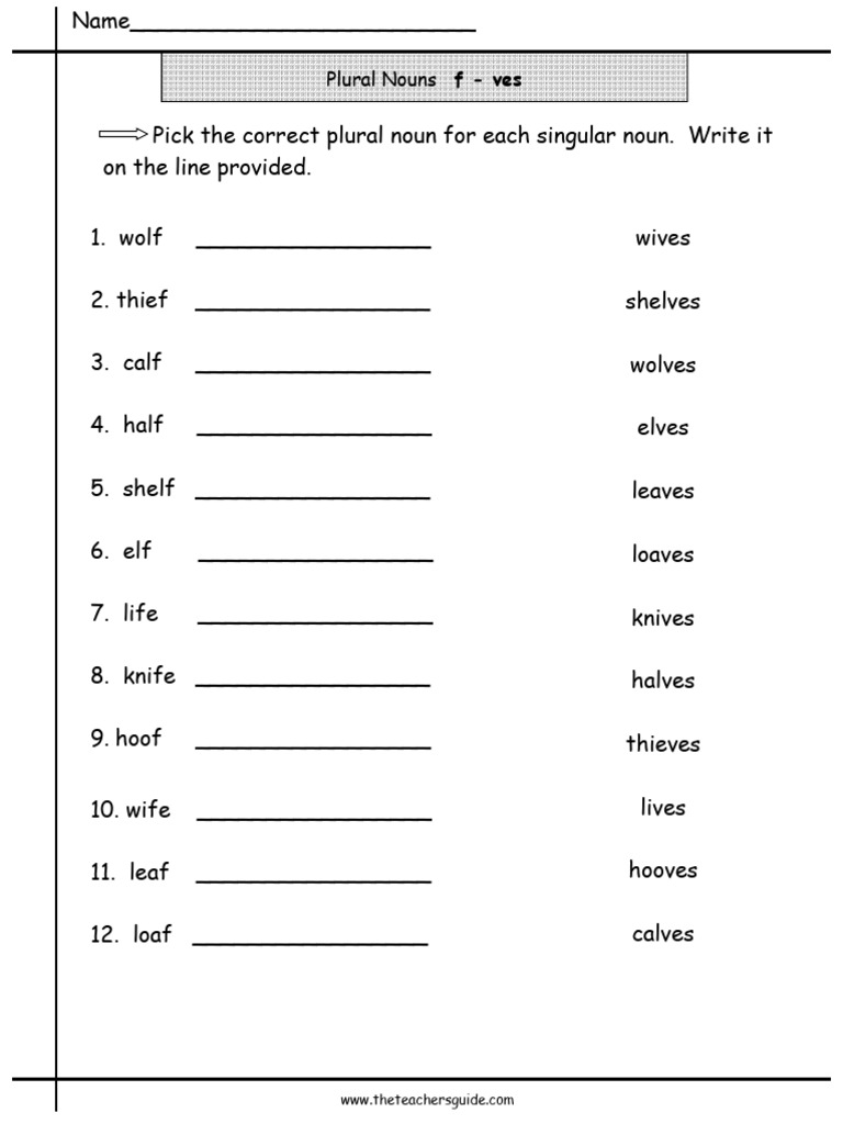 Plural Nouns Worksheet f - ves | PDF