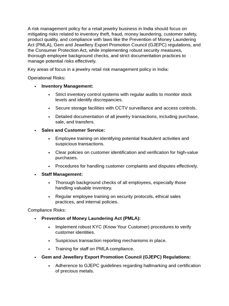 Jewelry Retail Risk Management Policy | PDF | Risk Management | Risk
