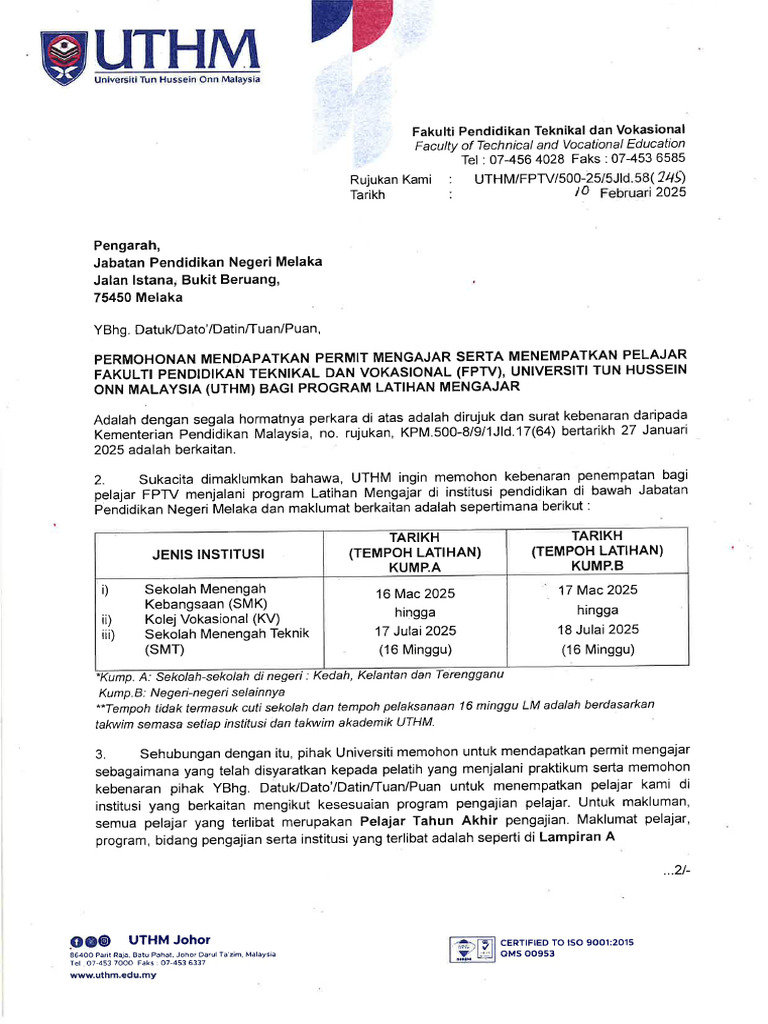 (JPN MELAKA) Mohon Kebenaran Dan Permit LM Pelajar UTHM | PDF