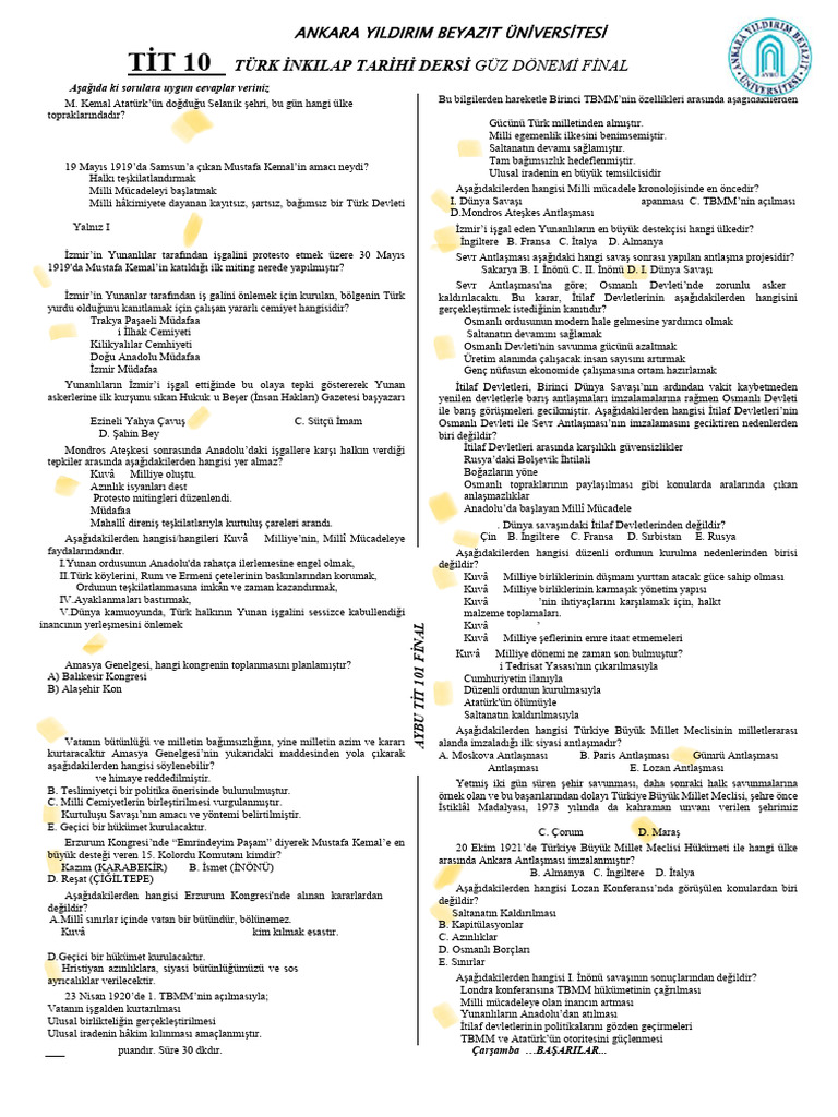 2022-2023 TİT 101 1. Final Sorular Ve Cevap Anahtarı (25li) Necmettin Ayan A | PDF