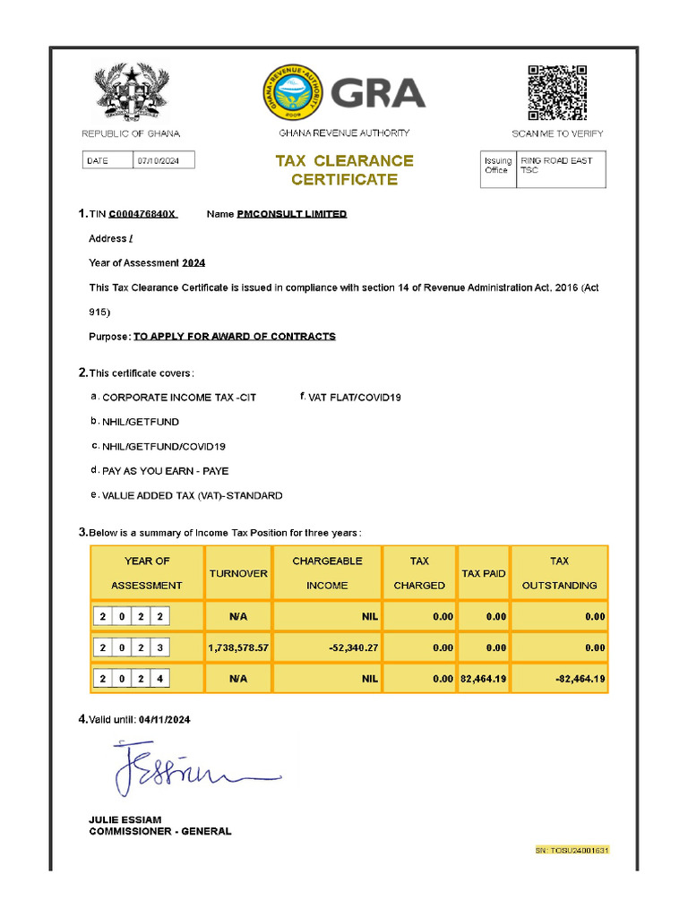 Gra Tax Clearance Certificate Tosu24001631 | PDF