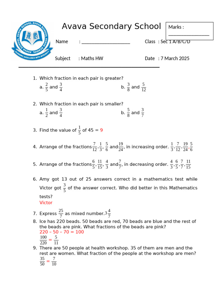 0 - HW Math Sec 1 Answer Key | PDF