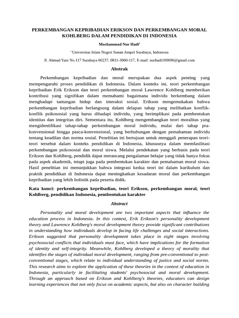 Jurnal Perkembangan Kepribadian Erikson Dan Perkembangan Moral Kohlberg ...