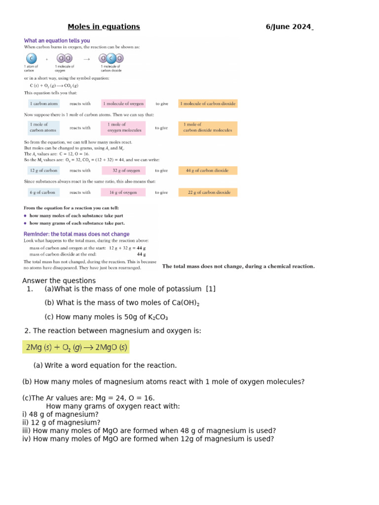 Moles in Equations Worksheet | PDF