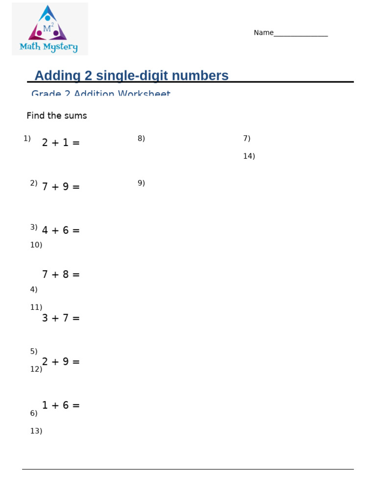Grade 2 Adding 2 Single Digit Numbers B | PDF