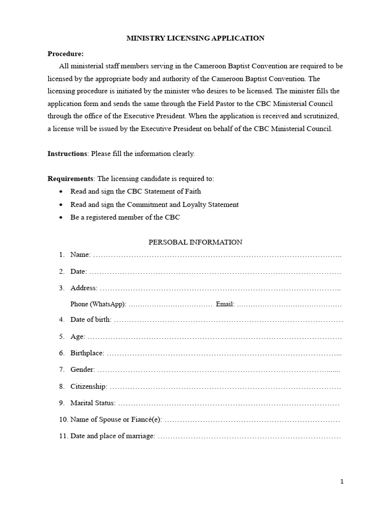 CBC Ministerial Licensing Application | PDF | Jesus | Marriage