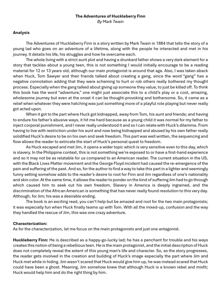 SAMPLE TEXTUAL ANALYSIS OF The Adventures of Huckleberry Finn | PDF ...