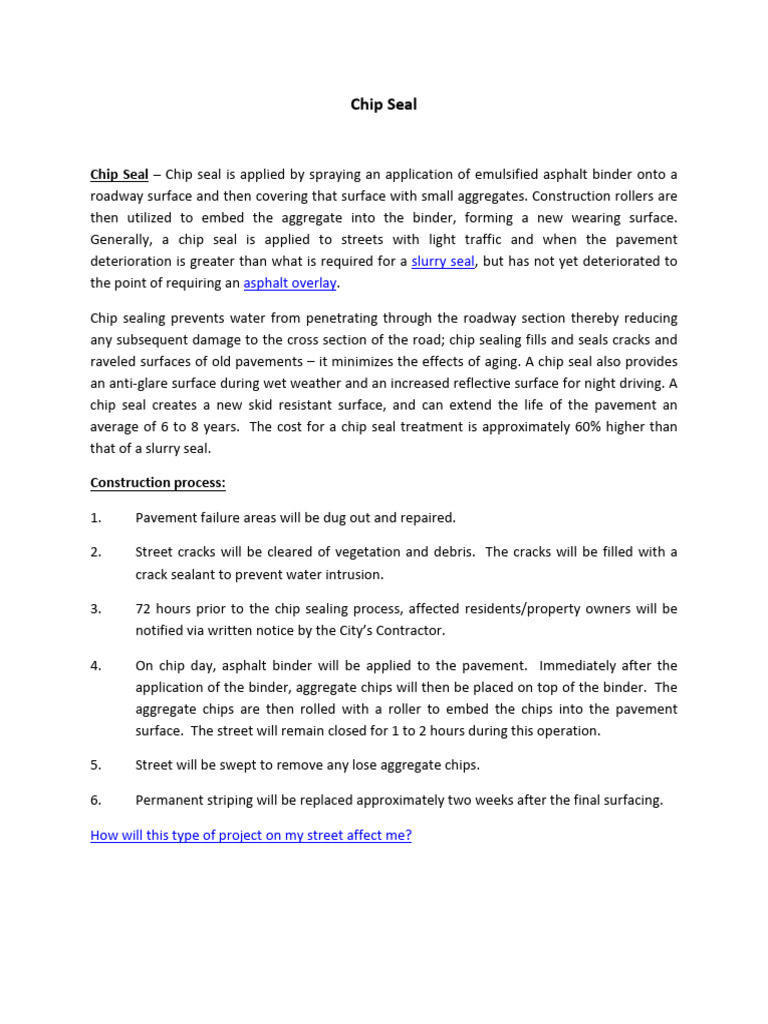Chip Seal Process for 2025 Projects | PDF