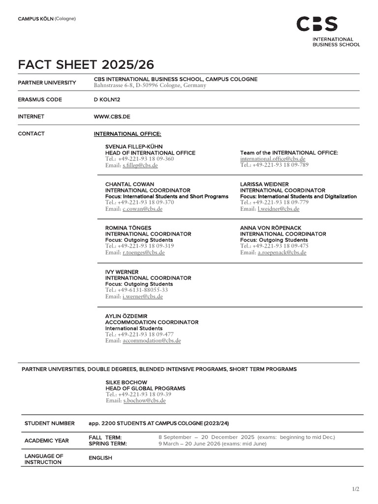 CBS Fact Sheet 2025-26 Campus Cologne | PDF | Cost Of Living