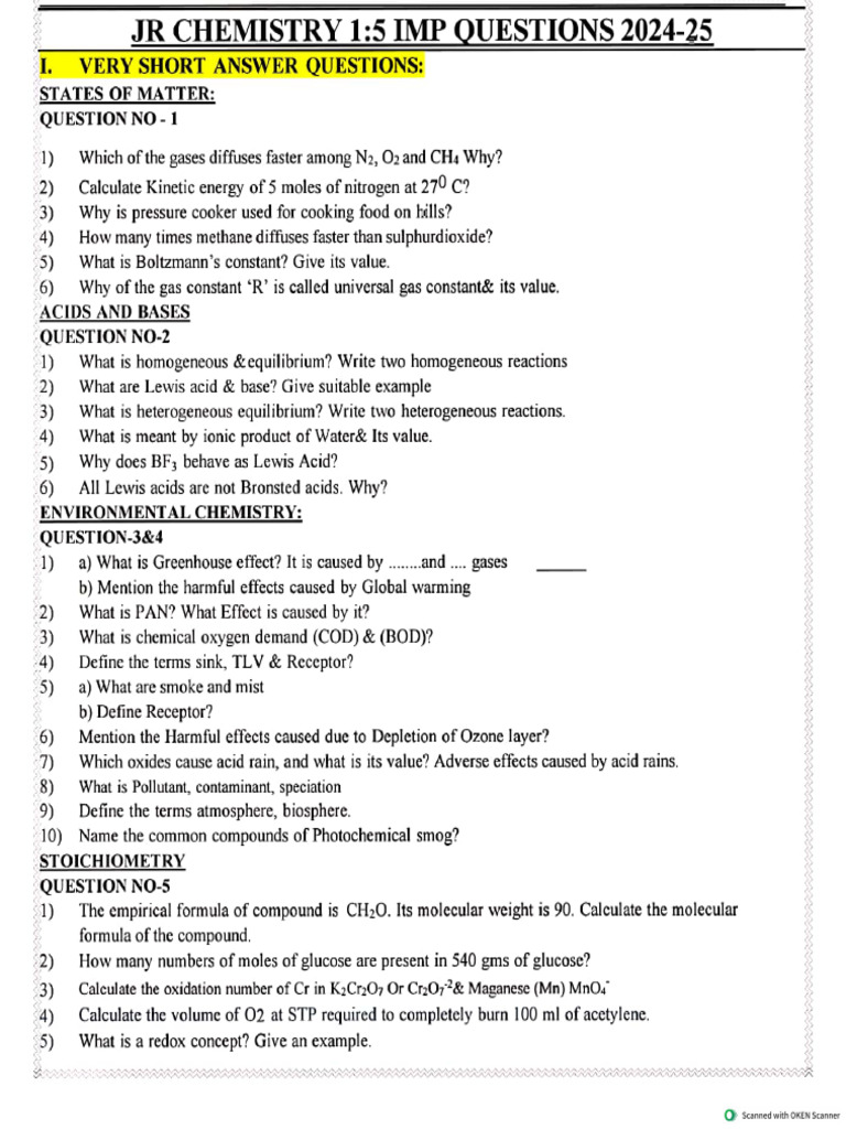 TS - JR - Chemistry - Imp - Questions 2024-25 | PDF