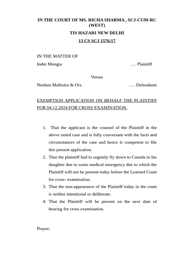 Exemption Application For Cross Examination | PDF