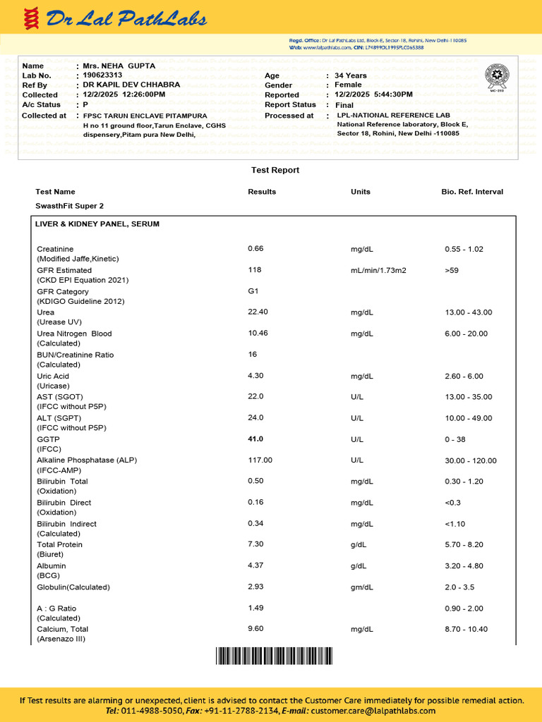Comprehensive Health Test Report for Neha Gupta | PDF | Kidney ...