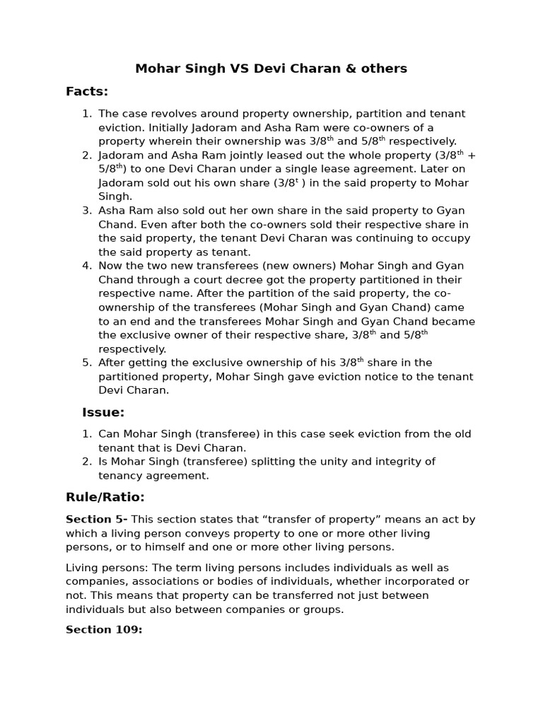 Mohar Singh VS Devi Charan | PDF | Lease | Leasehold Estate