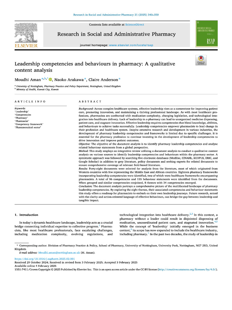 Leadership Competencies and Behaviours in Pharmacy | PDF