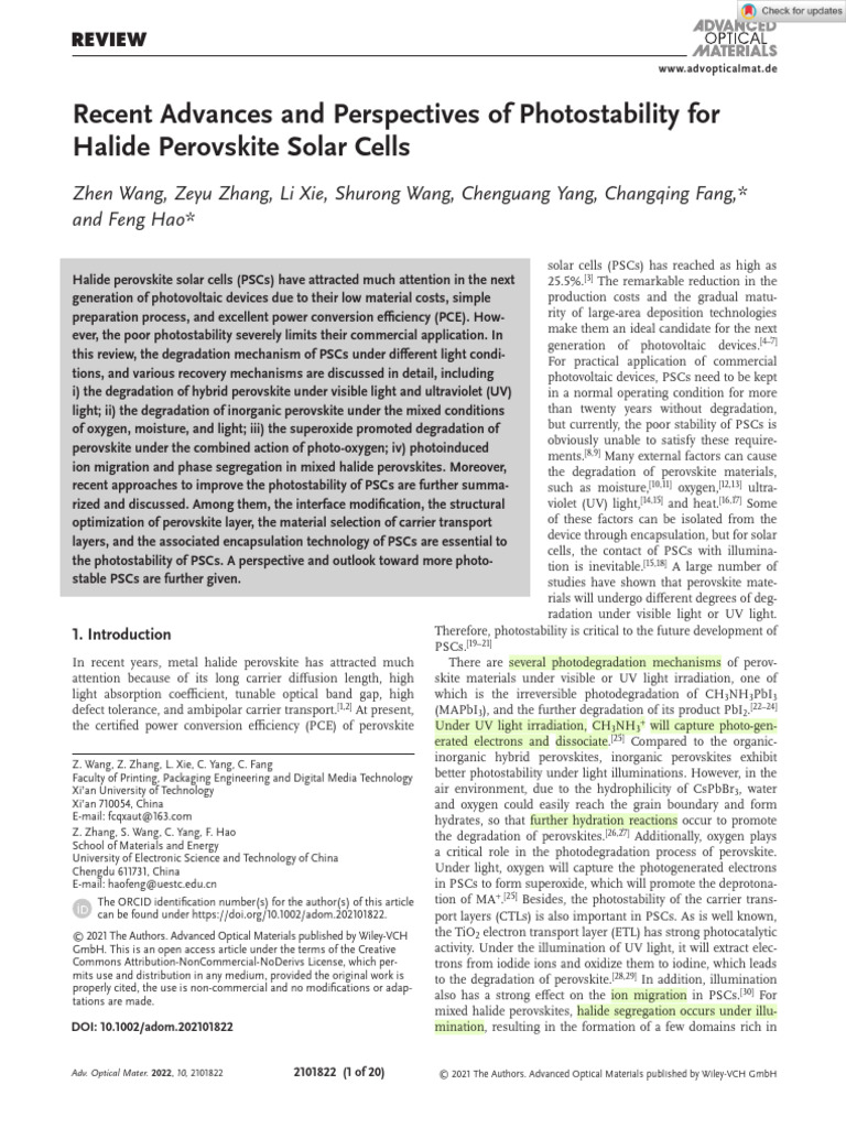 2021 - AOM -光稳综述 Recent Advances and Perspectives of Photostability for Halide Perovskite Solar ...