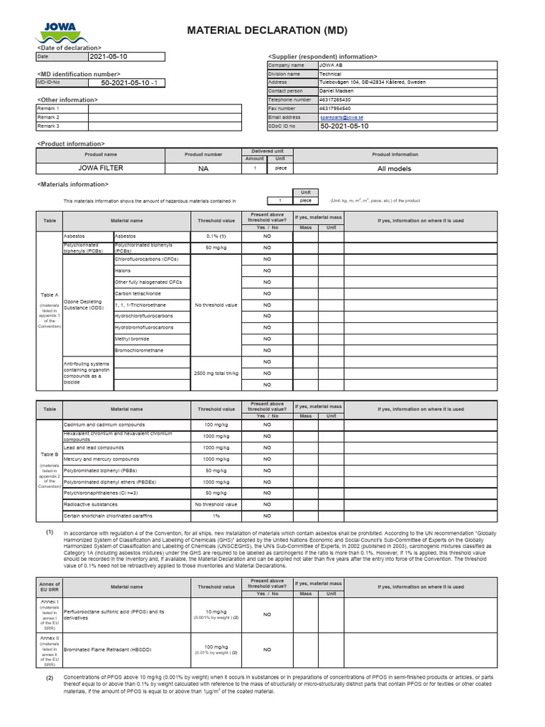 MD and SDoC FILTER Sign | PDF | Chlorofluorocarbon | Chemical Substances