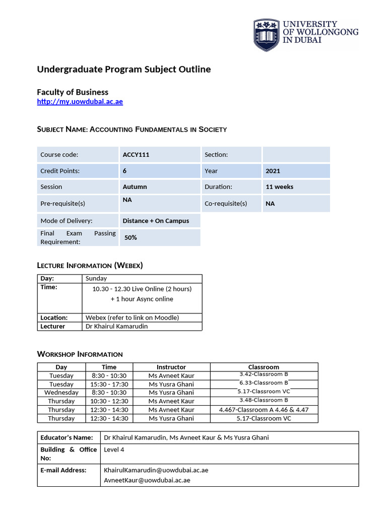 ACCY111 (Autumn 2021) Subject Outline | PDF | Educational Assessment | Academic Integrity