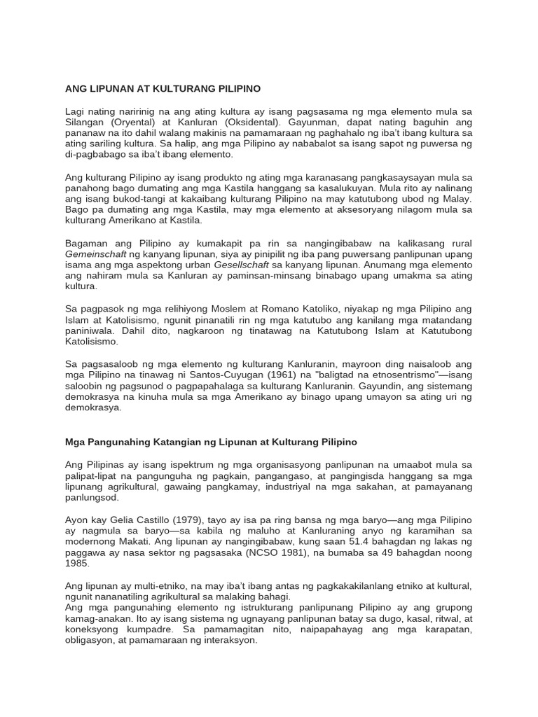 Ang Lipunan at Ang Kulturang Pilipino | PDF