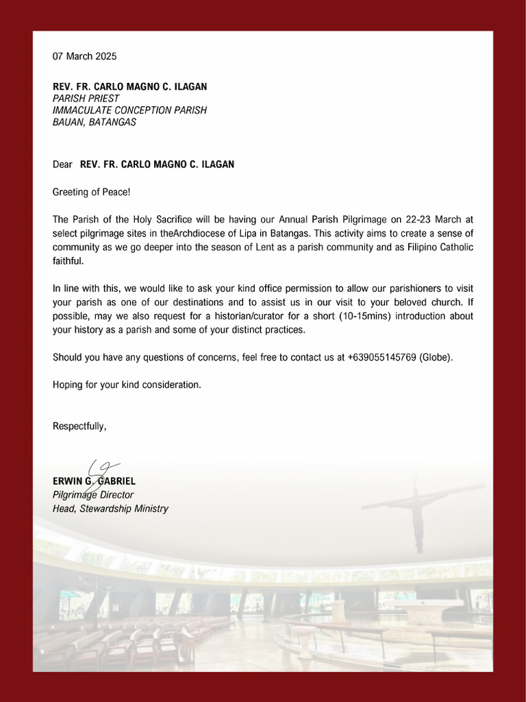 UP PHS Pilgrimage Letter - Immaculate Conception Parish | PDF