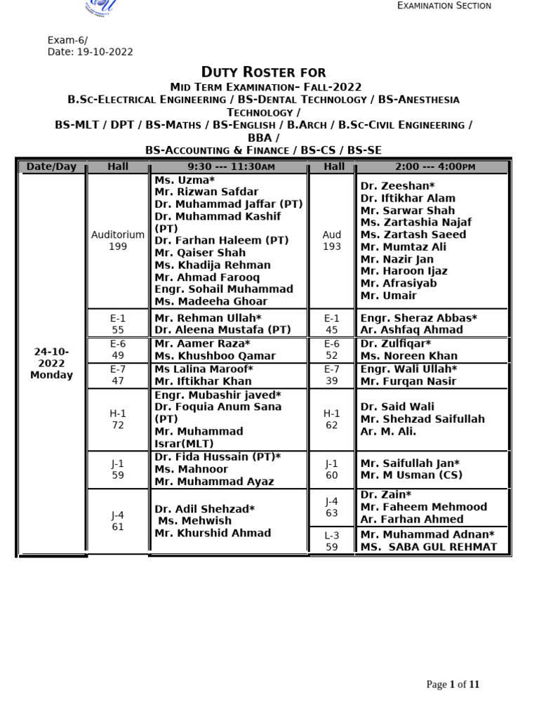 Duty Roster Bach & Master MTE Fall-2022 24-10-2022 M | PDF