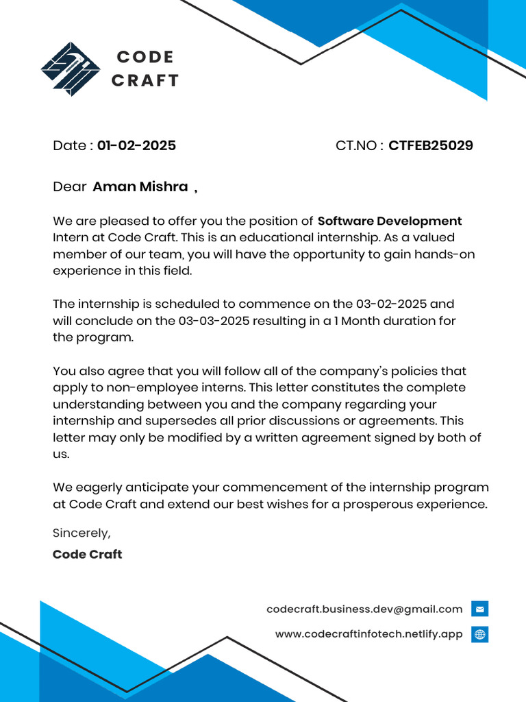 Code Craft Internship Offer Letter | PDF