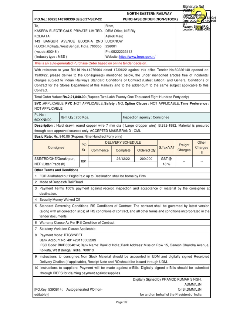 7MM DROPPER WIRE PO 27.09.2022 | PDF | Receipt | Business
