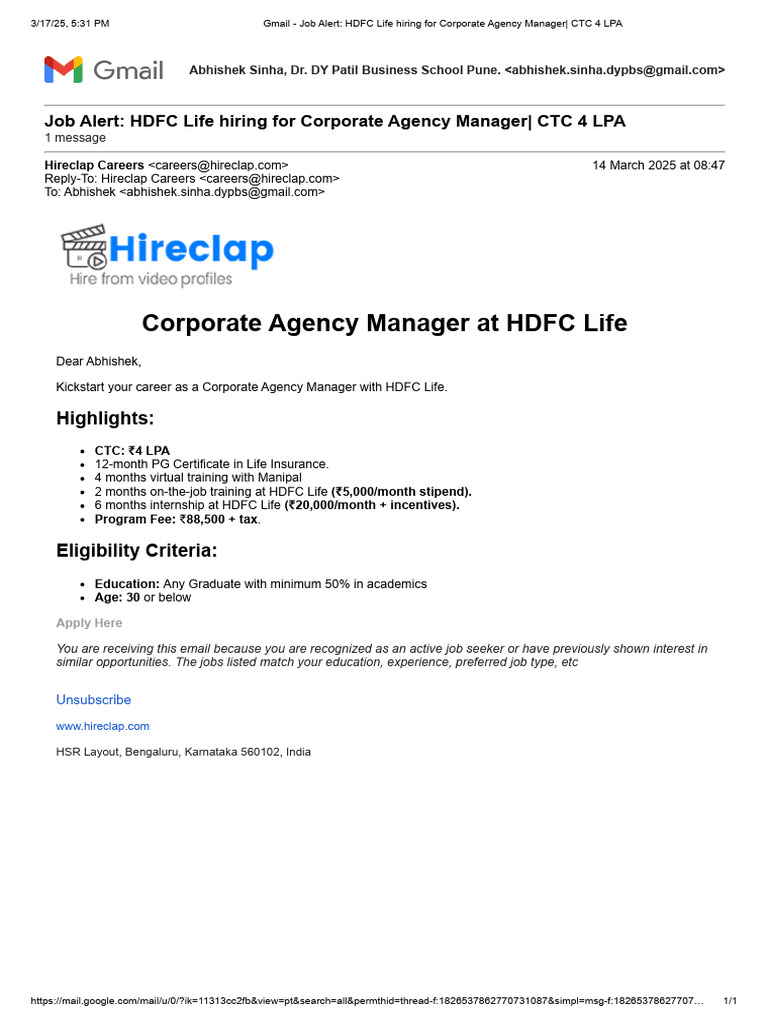 Gmail - Job Alert - HDFC Life Hiring For Corporate Agency Manager - CTC 4 LPA | PDF
