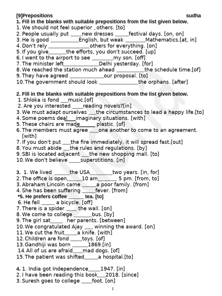 Prepositions With Answers | PDF