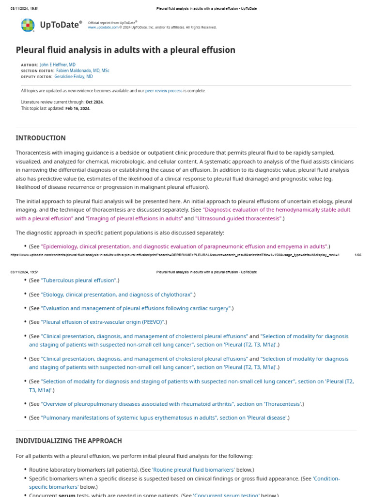 Pleural Fluid Analysis in Adults With A Pleural Effusion - UpToDate ...