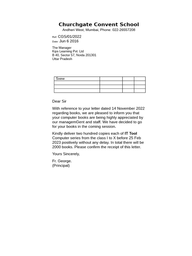Churchgate Convent Book Order Confirmation | PDF
