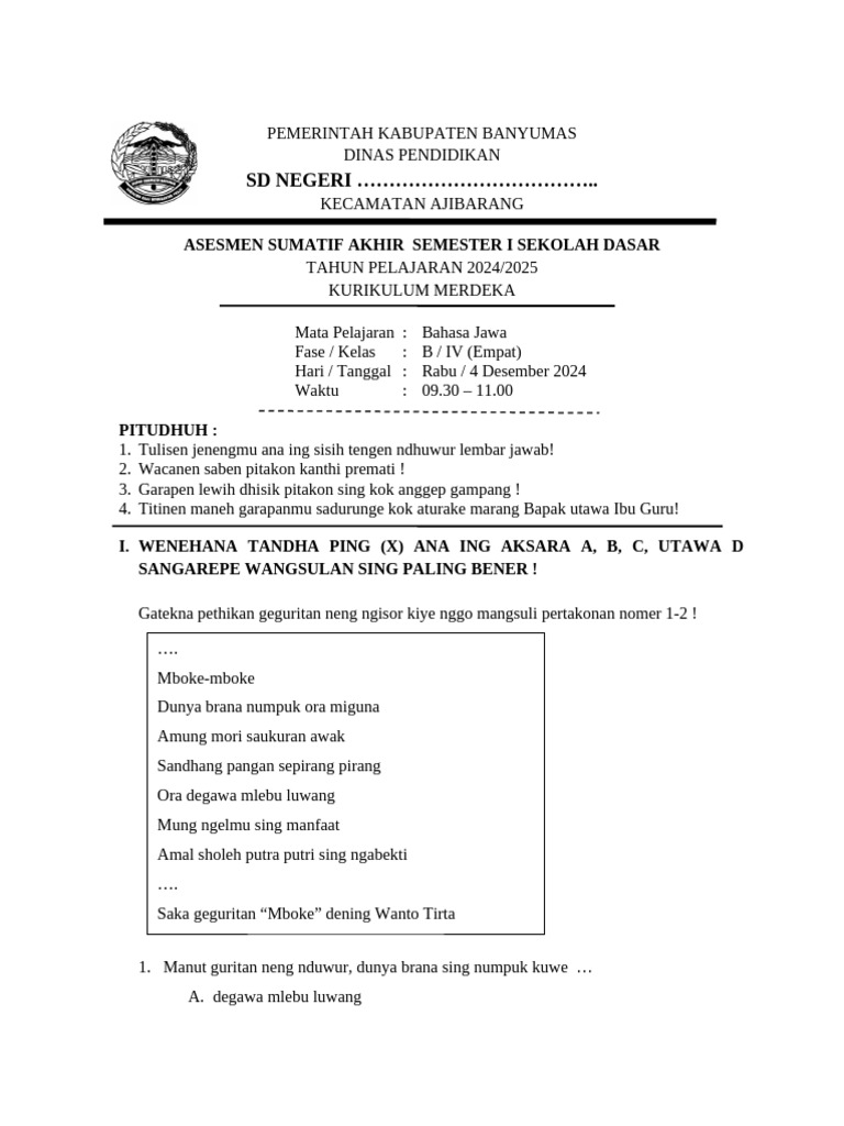 SOAL BAHASA JAWA ASAS 1 | PDF