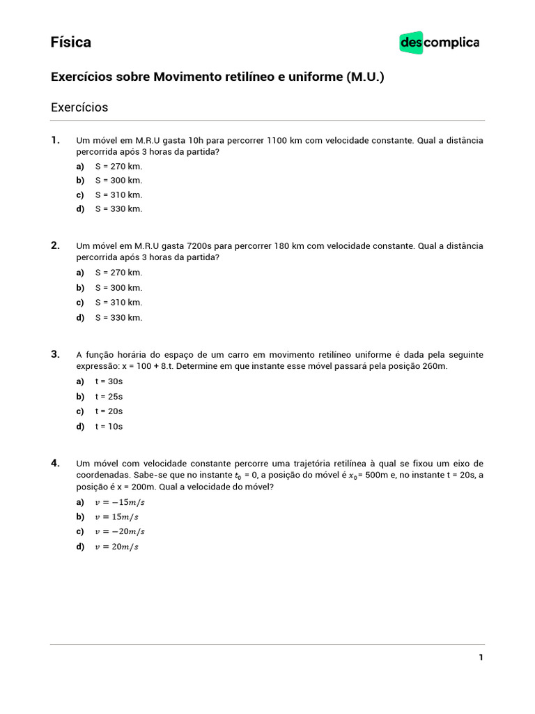 Exercícios de Movimento Retilíneo Uniforme | PDF | Velocidade ...