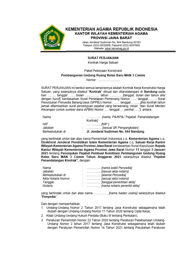 Kontrak Konstruksi MAN 3 Ciamis 2023 | PDF